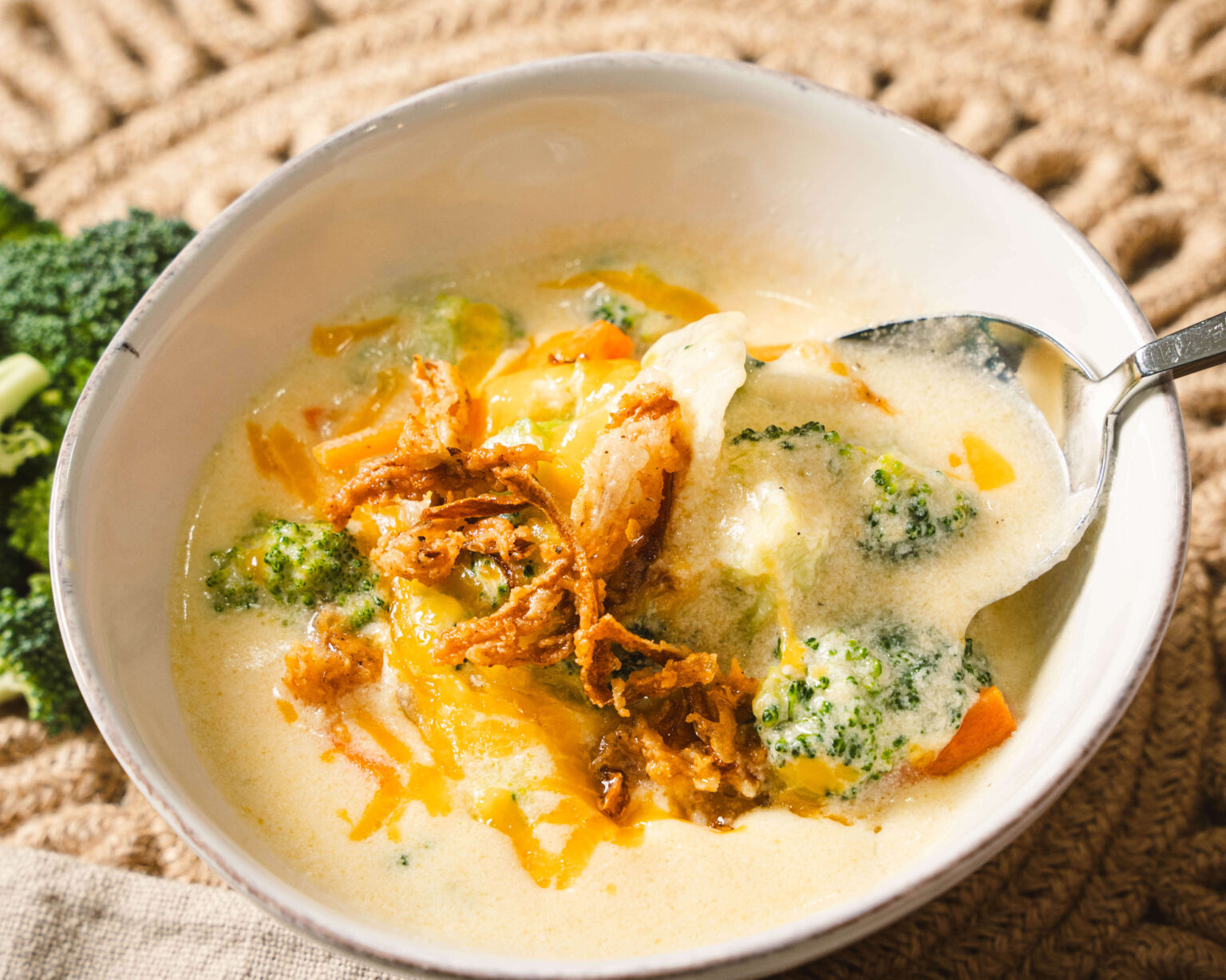 Broccoli Cheddar Soup with Crispy Onion Straws - Sauced by Sunday